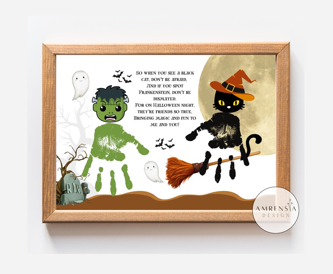 Black Cat Frankenstein Halloween Handprint Art, Scary Spooky Happy ...
