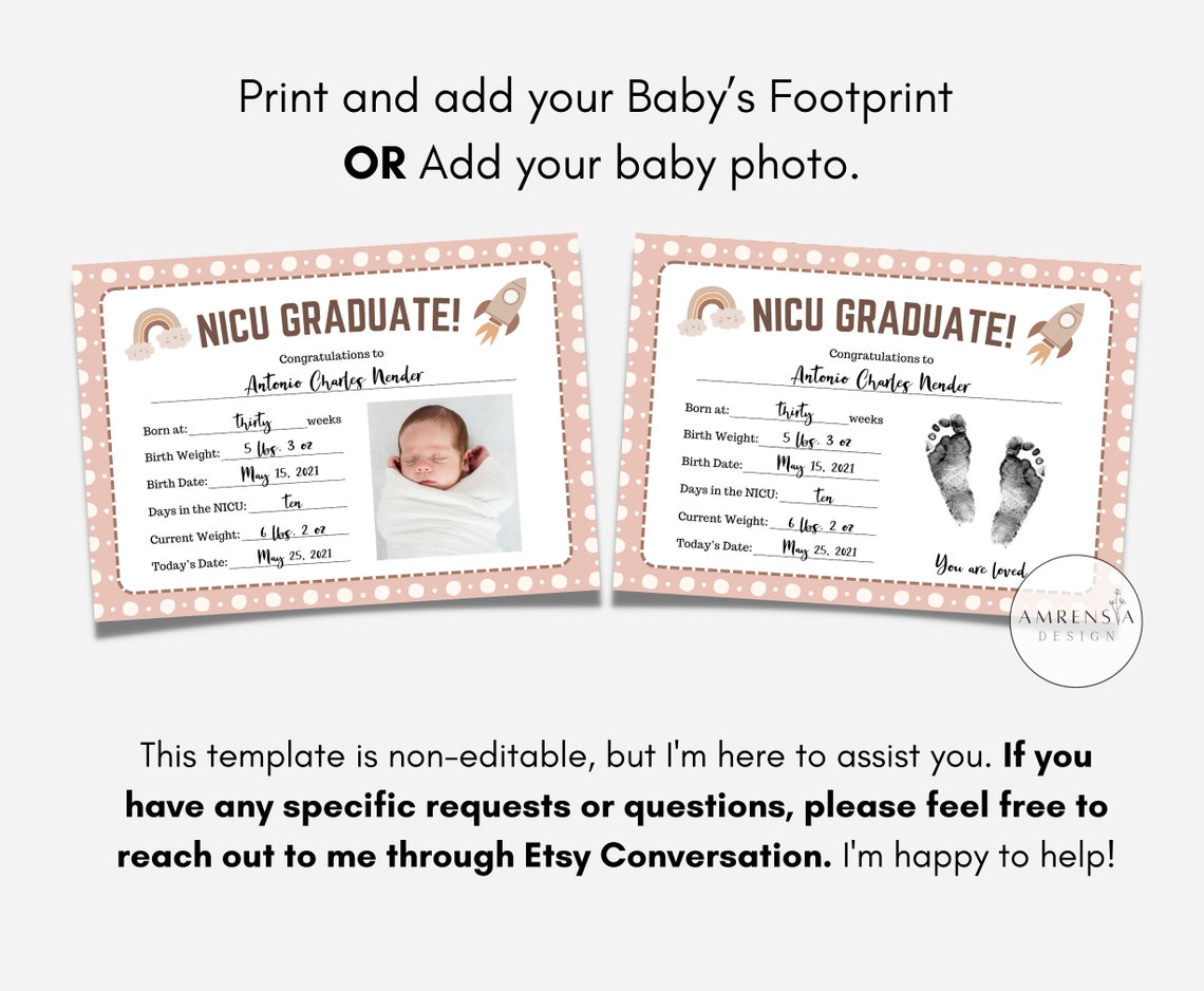 NICU Graduate Printable Footprint, Baby Keepsake, Newborn Baby ...