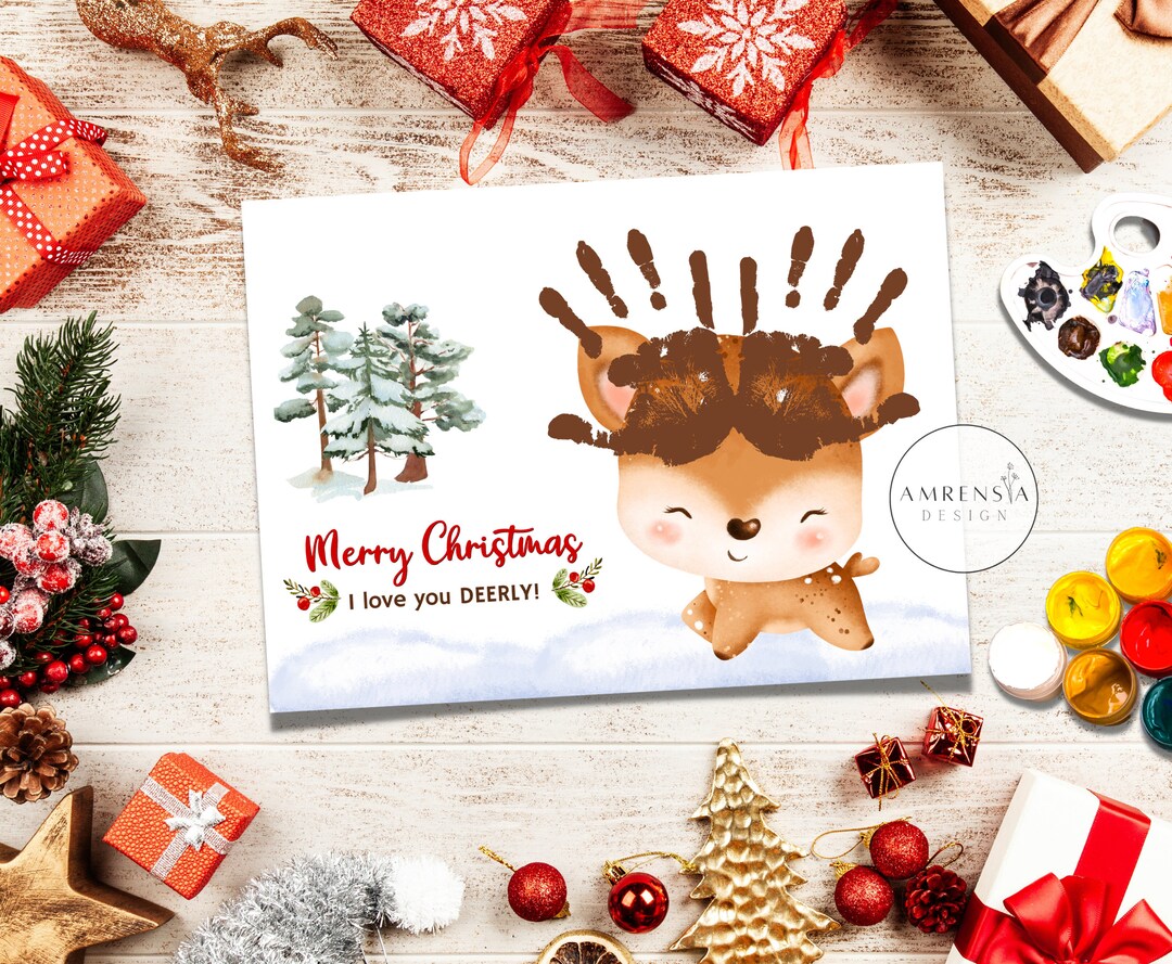 Merry Christmas Handprint Art, I Love You Deerly, Deer Craft Printable ...