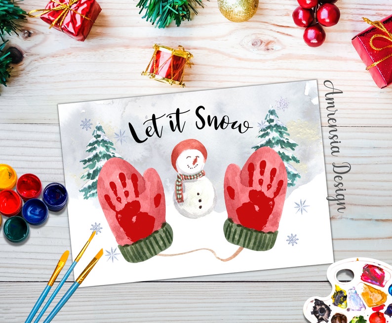 Christmas Handprint Art Let It Snow Snowman Mittens Home - Etsy