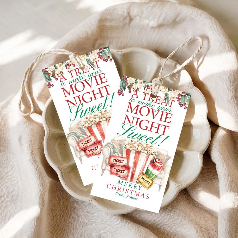 EDITABLE A Treat to Make Your Movie Night Sweet Tag, Popcorn Christmas ...