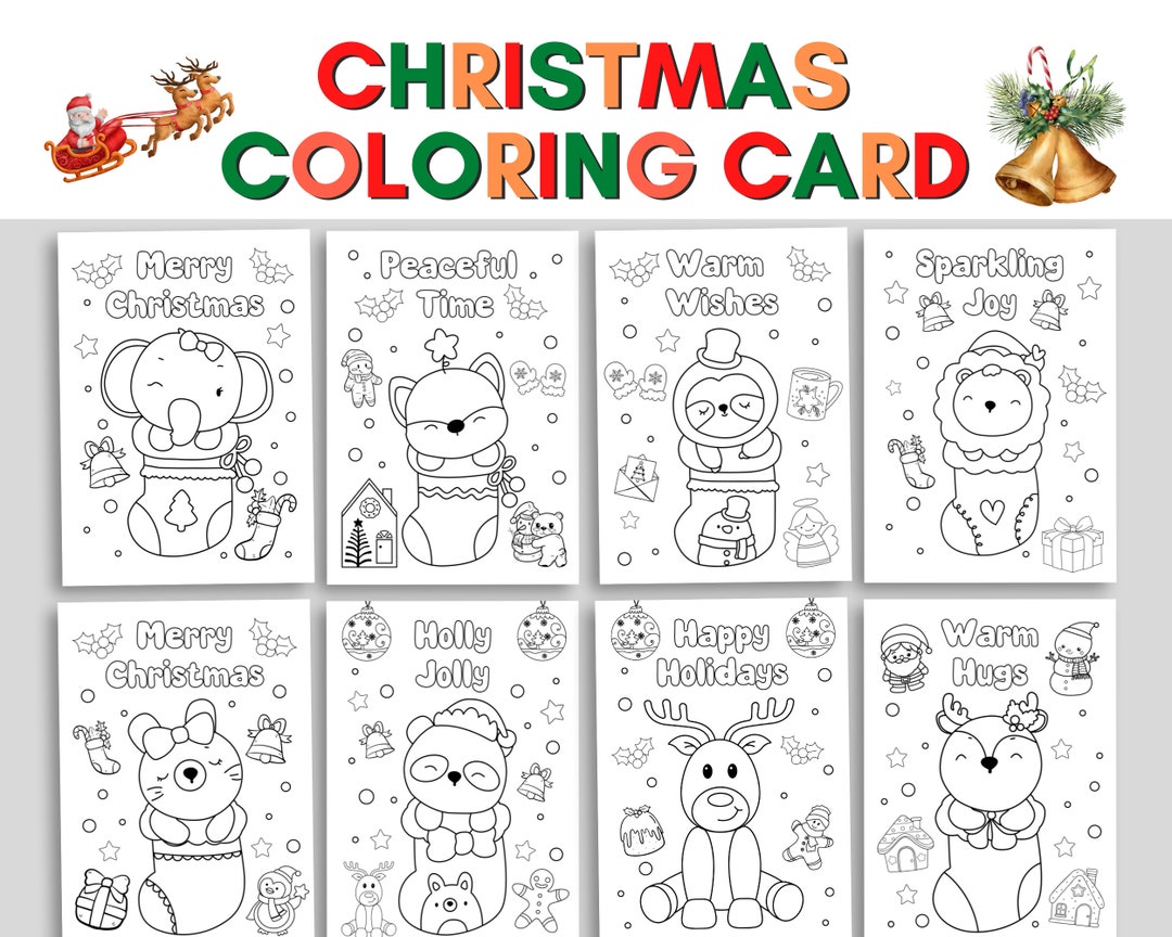 Christmas Animal Coloring Cards for Kids, Color in Christmas Card ...