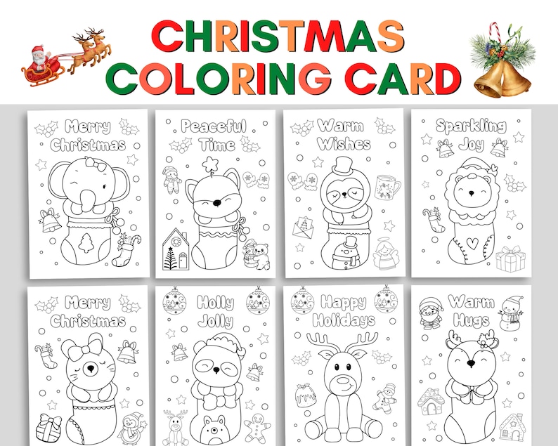 Christmas Animal Coloring Cards for Kids, Color in Christmas Card ...