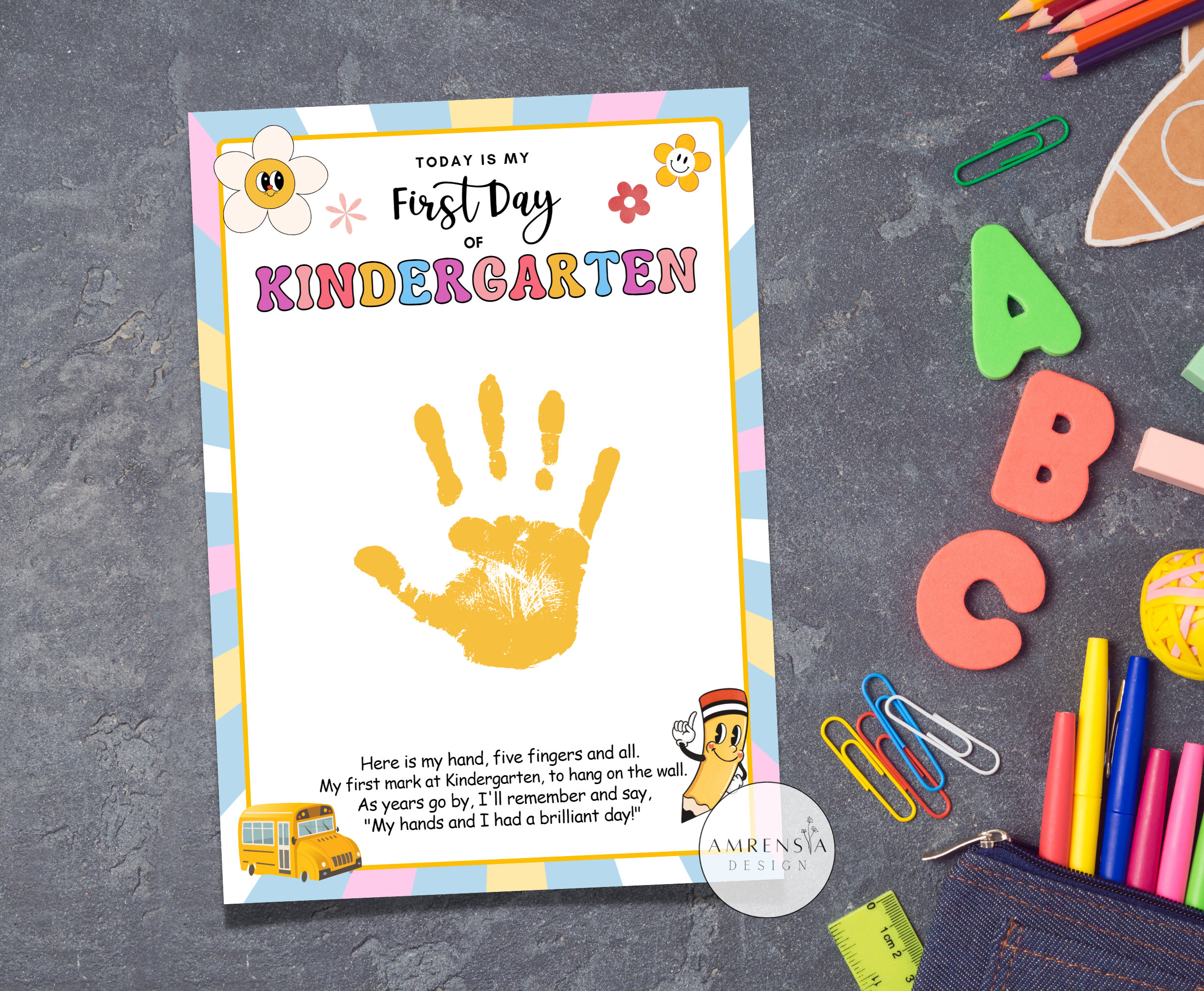 First Day of Kindergarten Handprint Art, First Day of School Sign ...