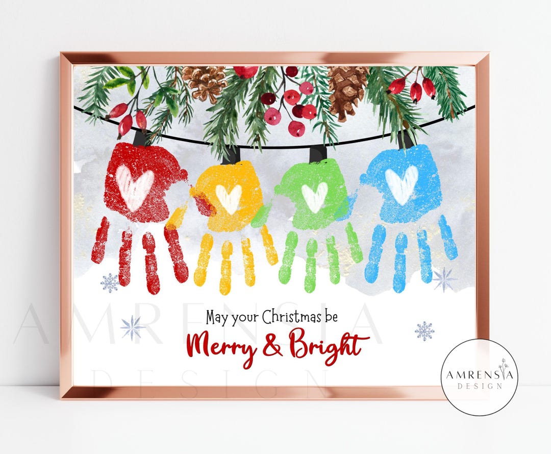 Family Handprint Art Christmas Light Be Merry and Bright, Christmas ...