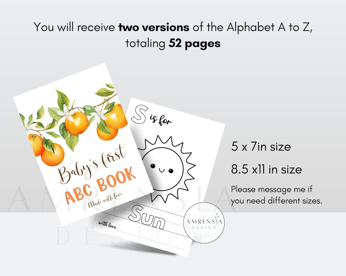 52 PAGES Orange ABC Baby Shower Theme Coloring Book, Baby's First ABC ...