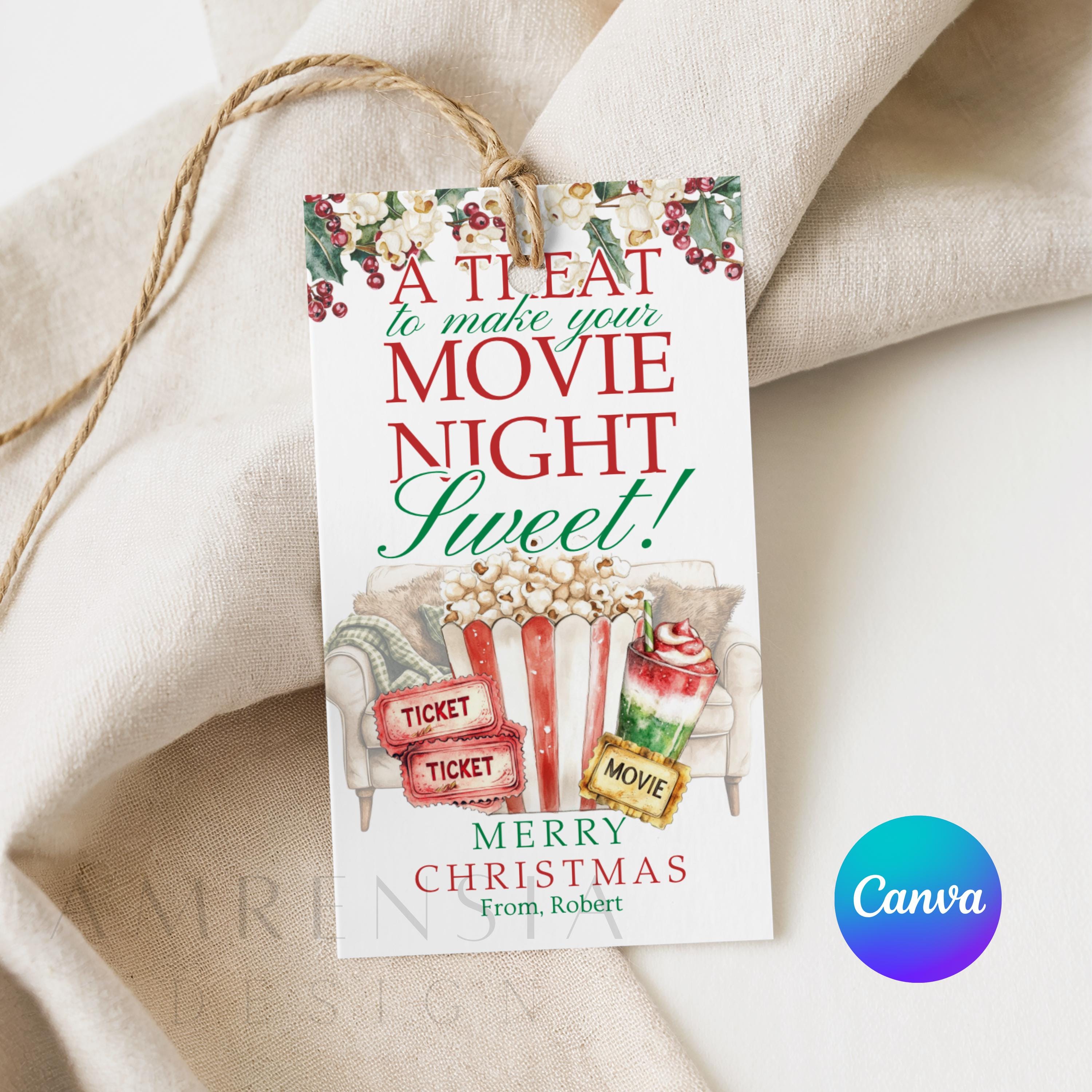 EDITABLE A Treat to Make Your Movie Night Sweet Tag, Popcorn Christmas ...