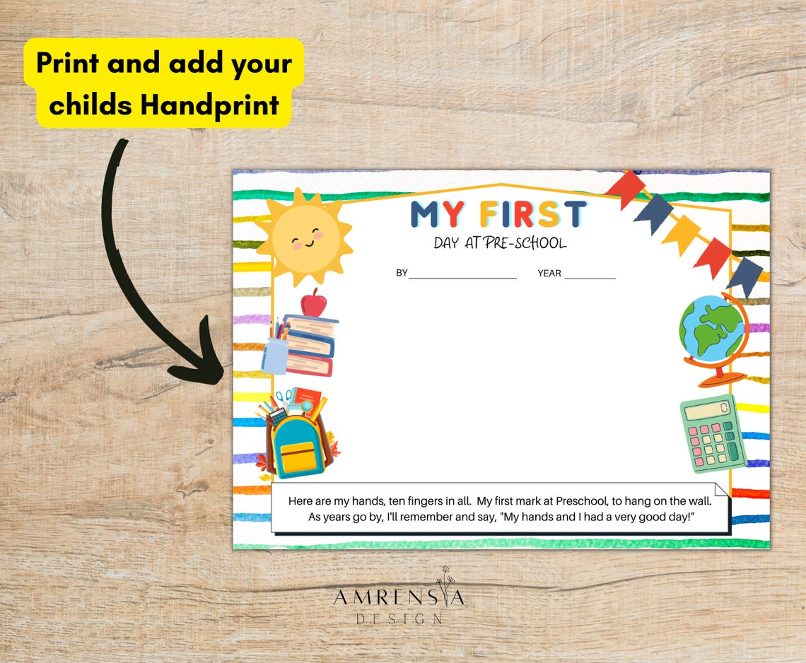 2 Versions My First Day of Preschool Handprint Art My First - Etsy