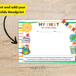 2 Versions My First Day of Preschool Handprint Art, My First Day of ...