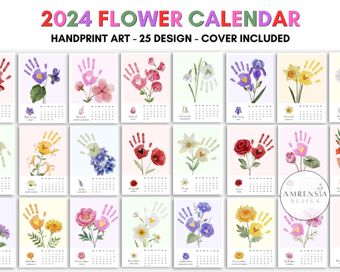 2024 Flower Handprint Calendar Flower Craft Floral Art Printable for ...