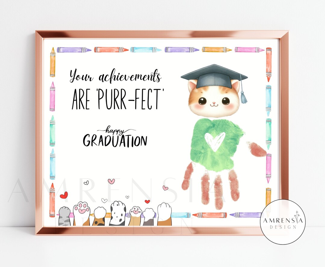 Happy Graduation Card Cat Handprint Craft Art, Congratulation Card, Purrfect Achievement, End of ...