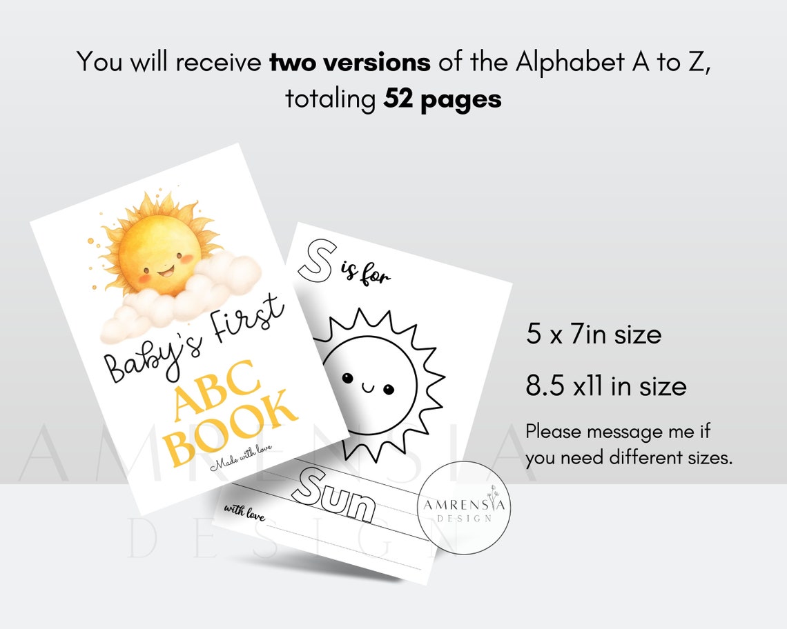 52 PAGES Sunshine ABC Baby Shower Coloring Book, Summer Baby's First ...