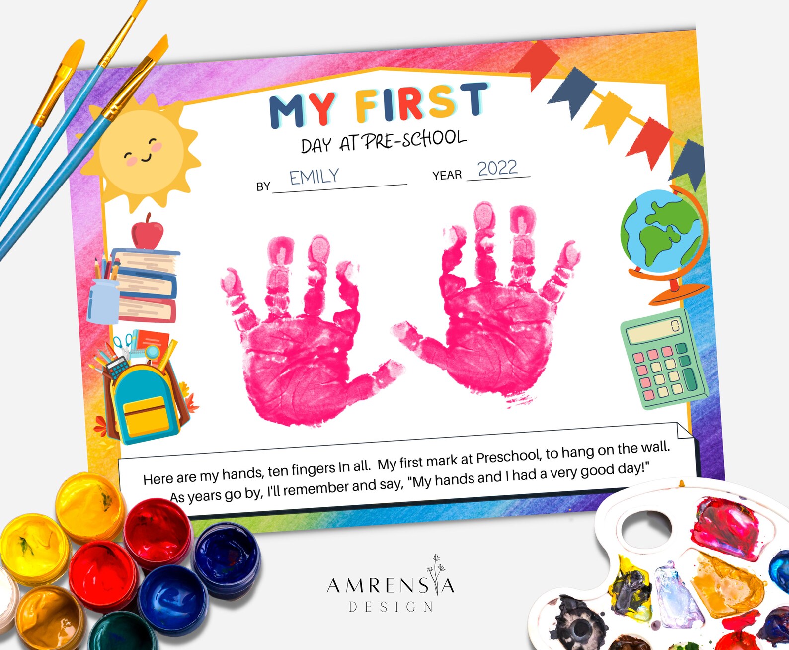 2 Versions Personalize My First Day of Preschool Handprint Art, My ...
