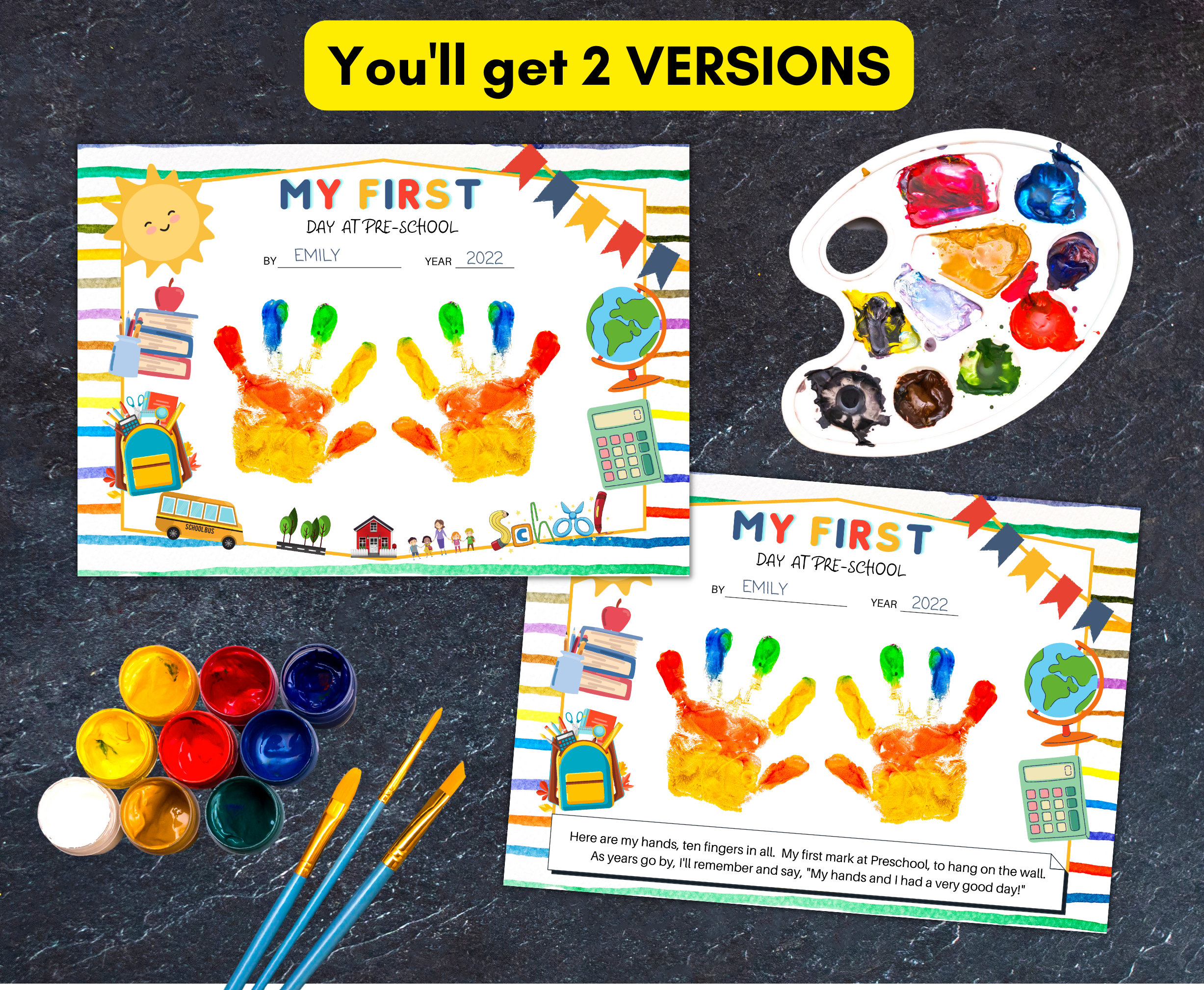2 Versions My First Day of Preschool Handprint Art, My First Day of ...