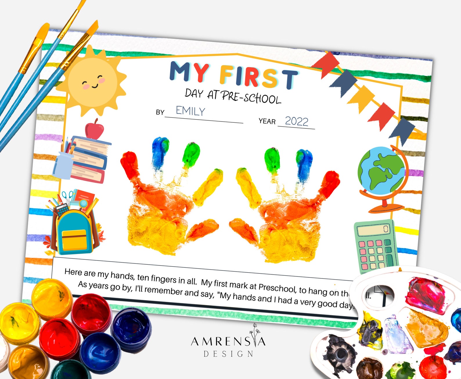 2 Versions My First Day of Preschool Handprint Art, My First Day of ...