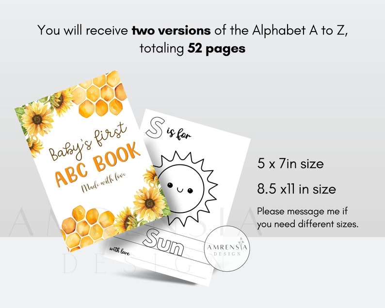 52 PAGES Sunflower Honey ABC Baby Shower Coloring Book, Bee Baby's ...