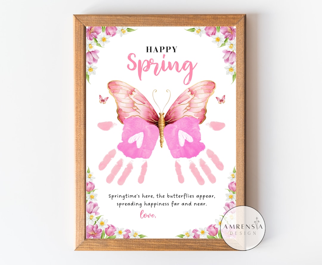 Hello Spring, Pink Butterfly Spring Handprint Template for Baby Kids ...