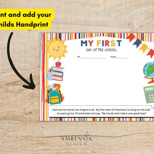 First Day of Preschool Handprint Art, My First Day of School, Handprint ...