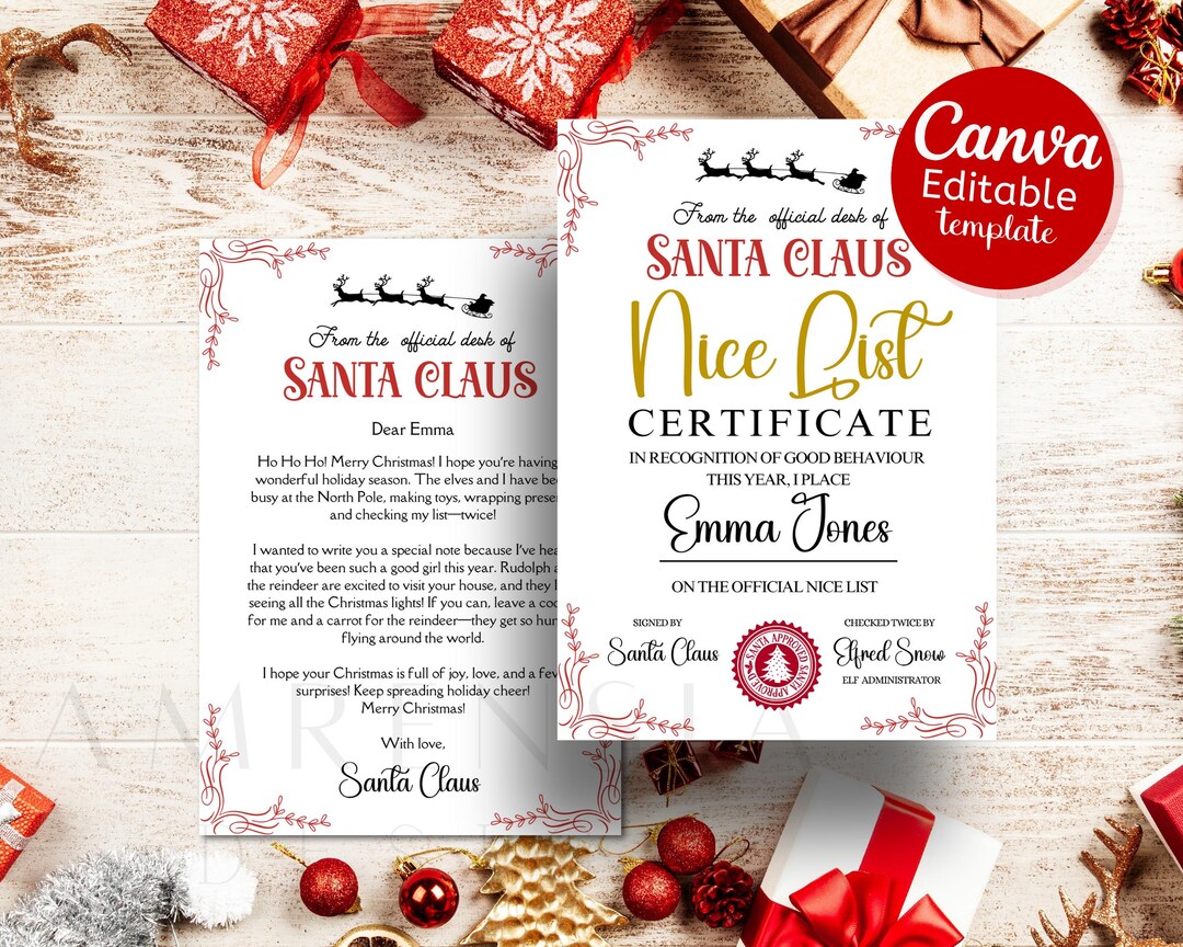 Editable Letter From Santa Nice List Certificate Canva Christmas ...