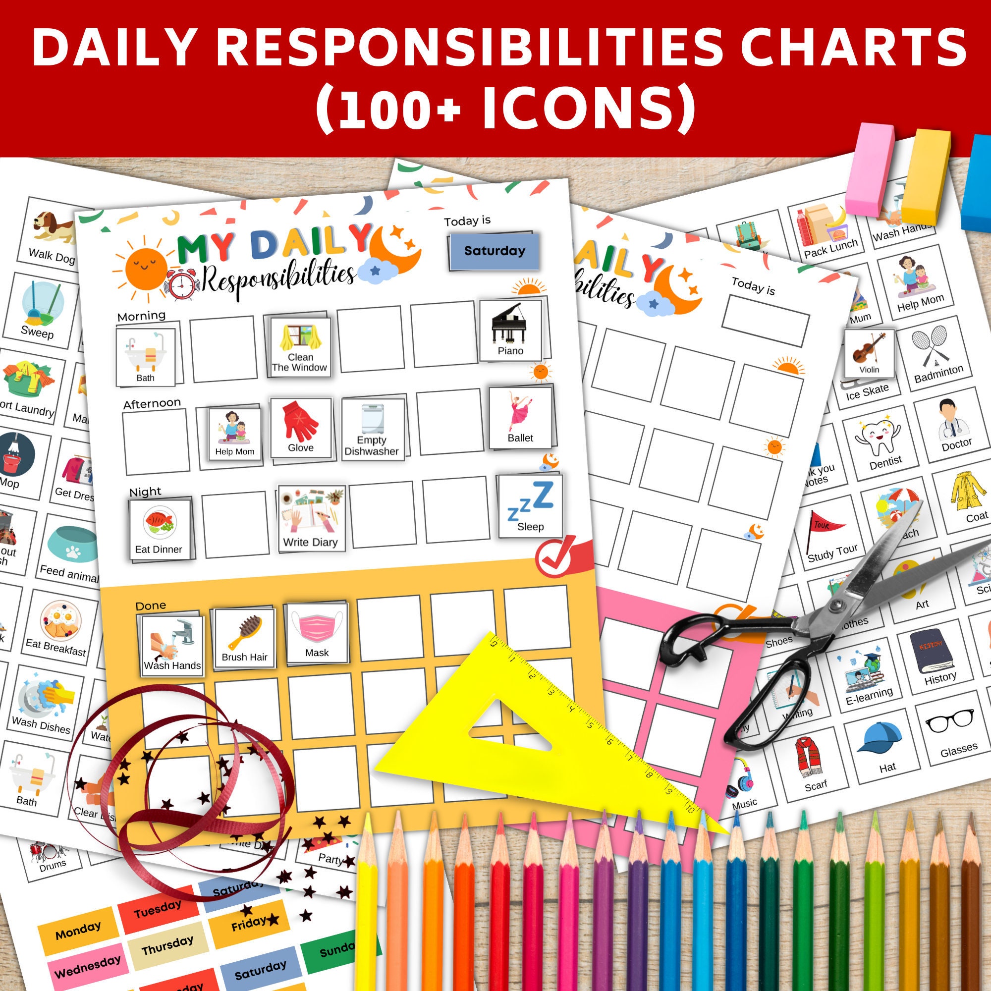 Daily Responsibilities Chore Chart for Kids With 100 Icons | Etsy