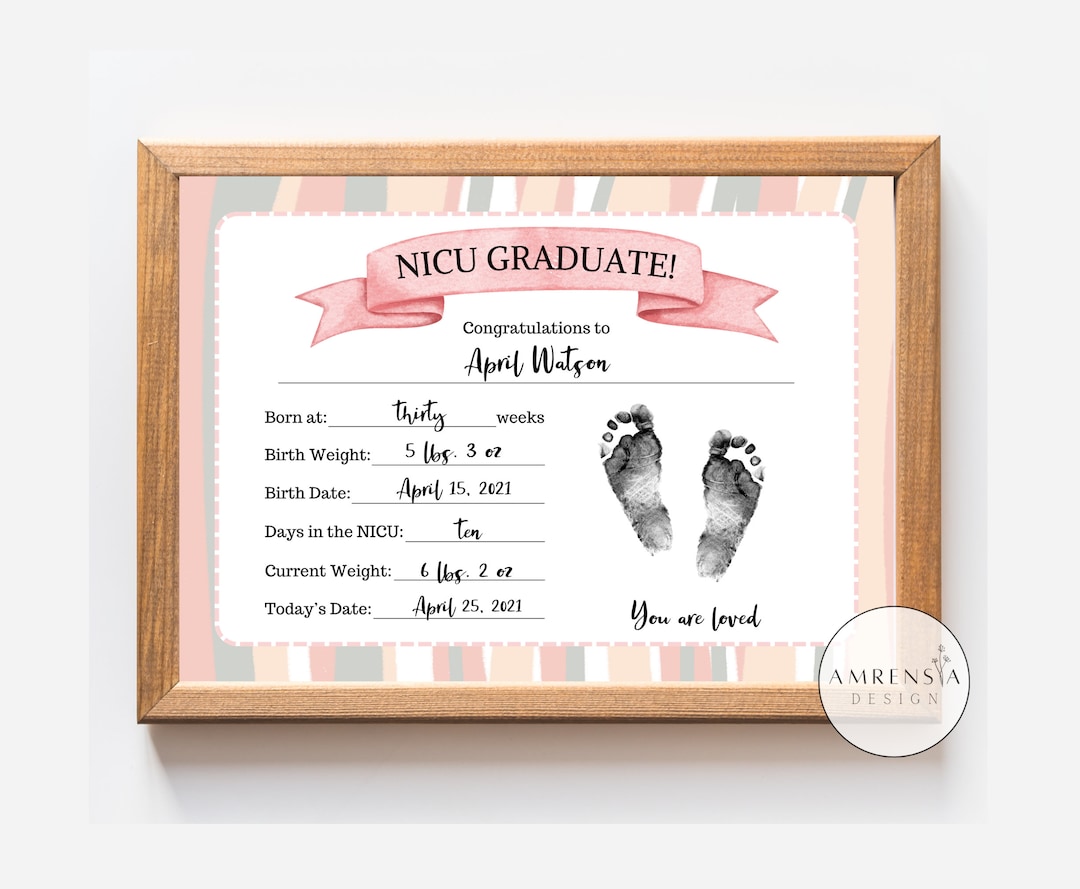 NICU Graduate Printable Footprint, Baby Girl Keepsake, Newborn Baby ...