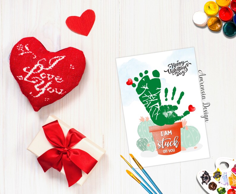Valentine Handprint Art Cactus I Am Stuck on You Printable - Etsy