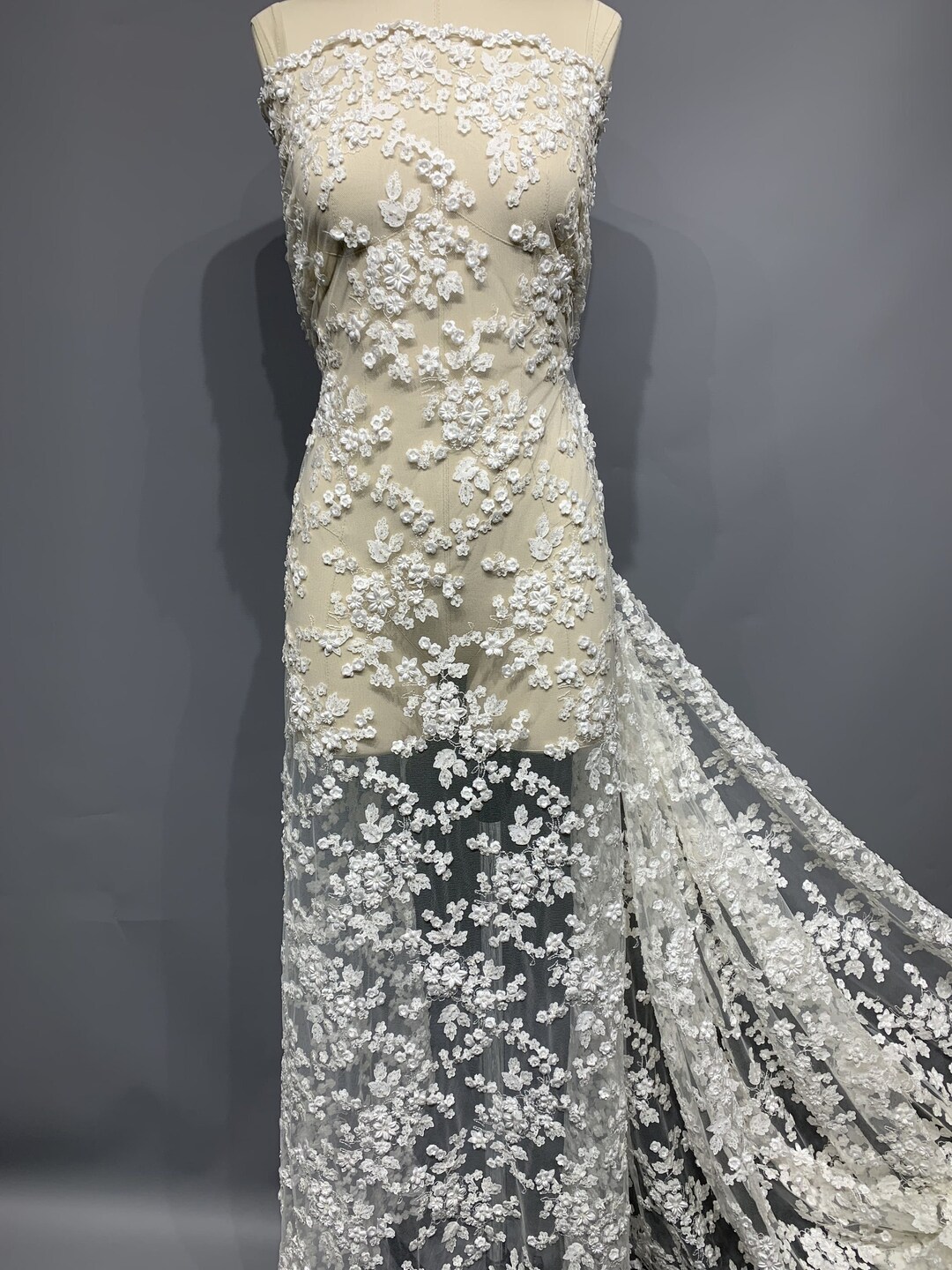 Haute Couture Delicate Hand Beaded off White 3D Flower Laser Cut Lace ...