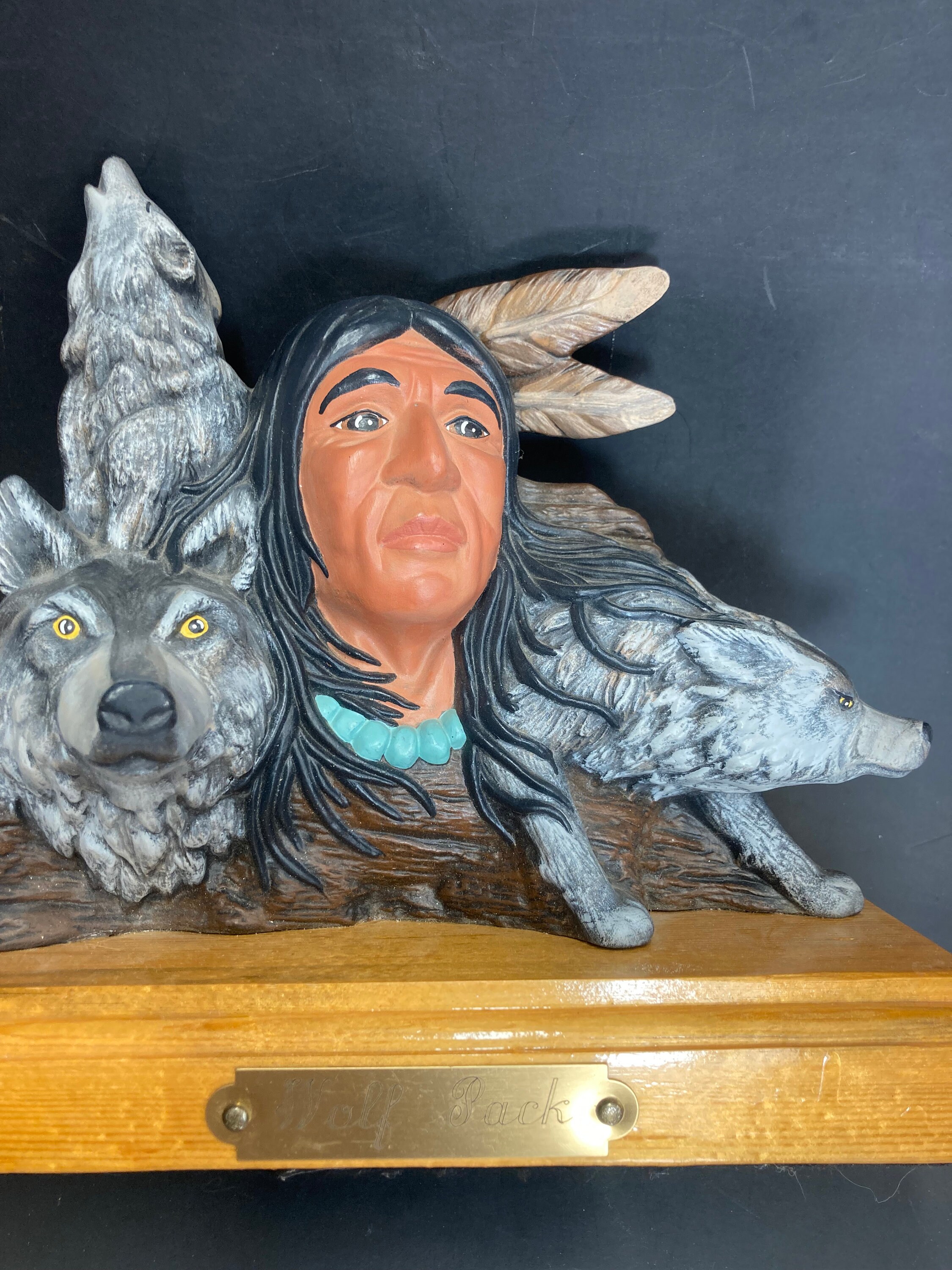 Native American Wolf Pack on Wooden Base With Brass Plaque Hand Made ...