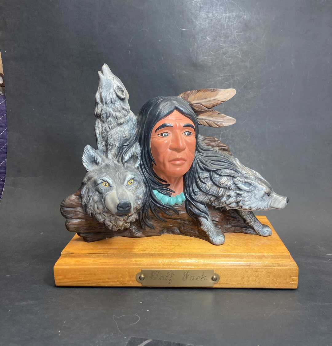 Native American Wolf Pack on Wooden Base With Brass Plaque Hand Made ...