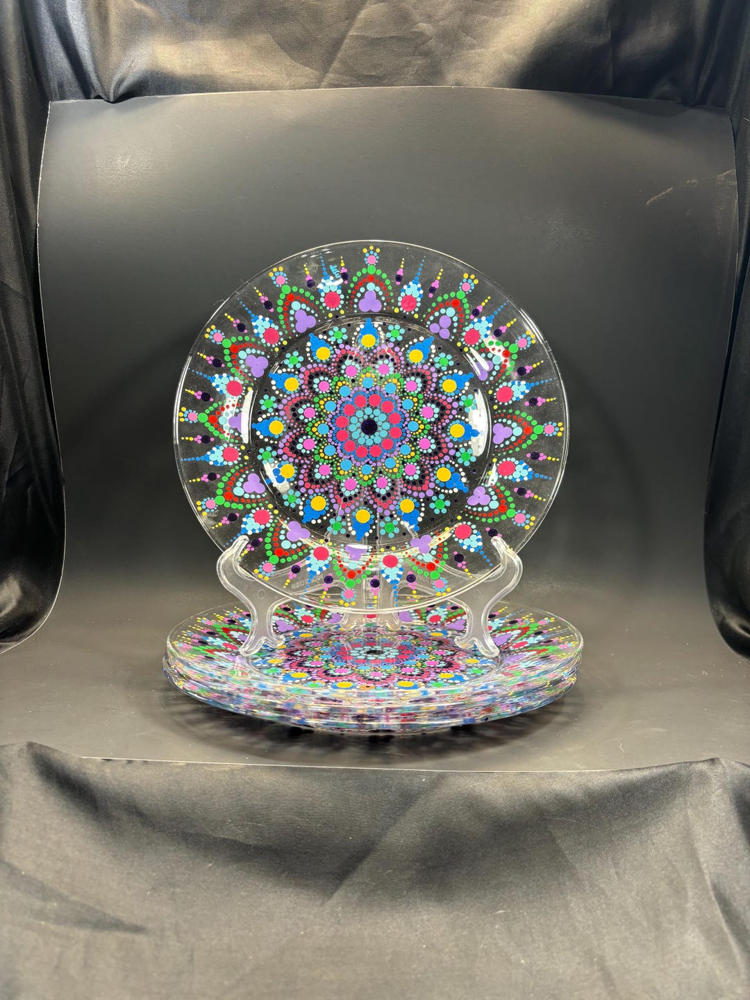 Hand Painted Mandala Glass Dinner Plate Set of 4 - Etsy UK