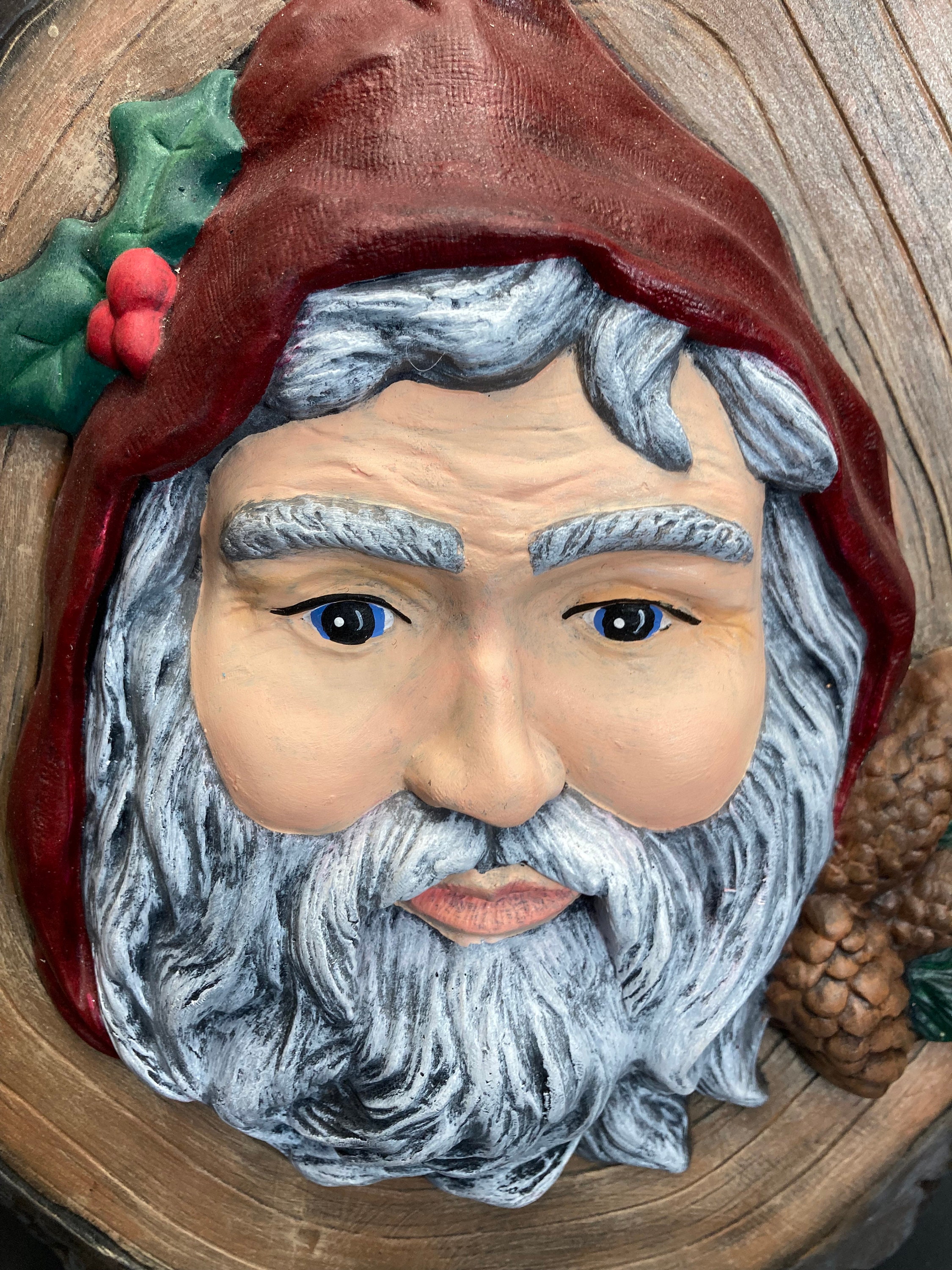 Old World Santa Mask on Log Back Hand Made and Painted Ceramic Wall ...
