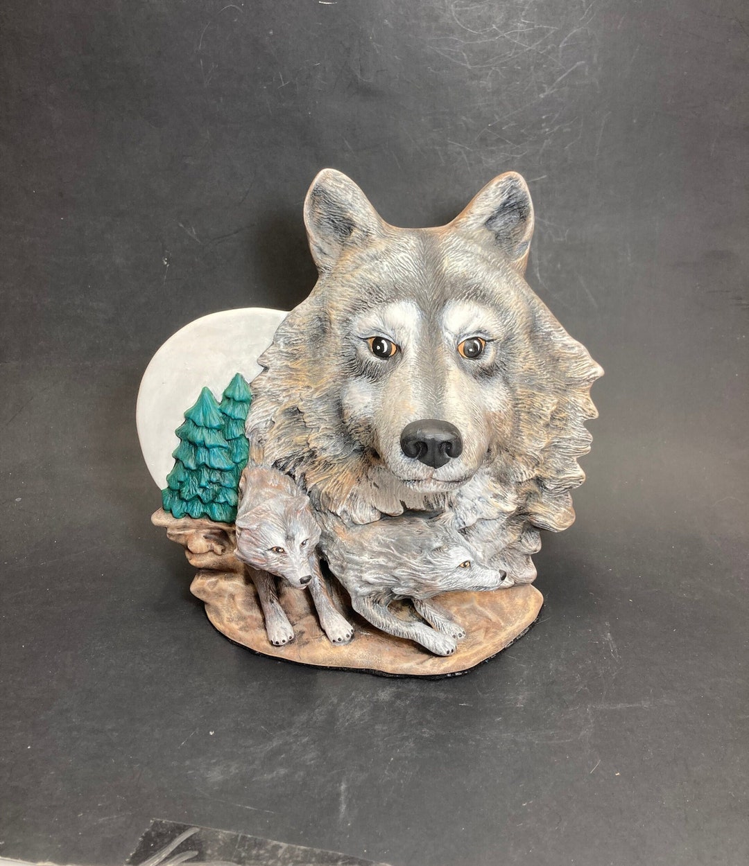 Wolf Head With Running Wolves in Rock Hand Made and Painted Ceramic ...