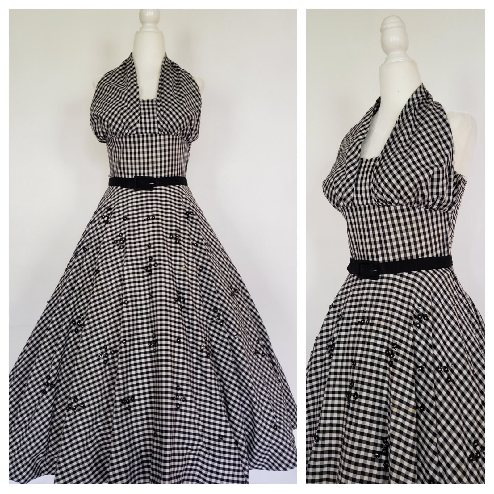 Vintage 1950s Dress, 50s Halter Black and White Gingham Print Sundress ...