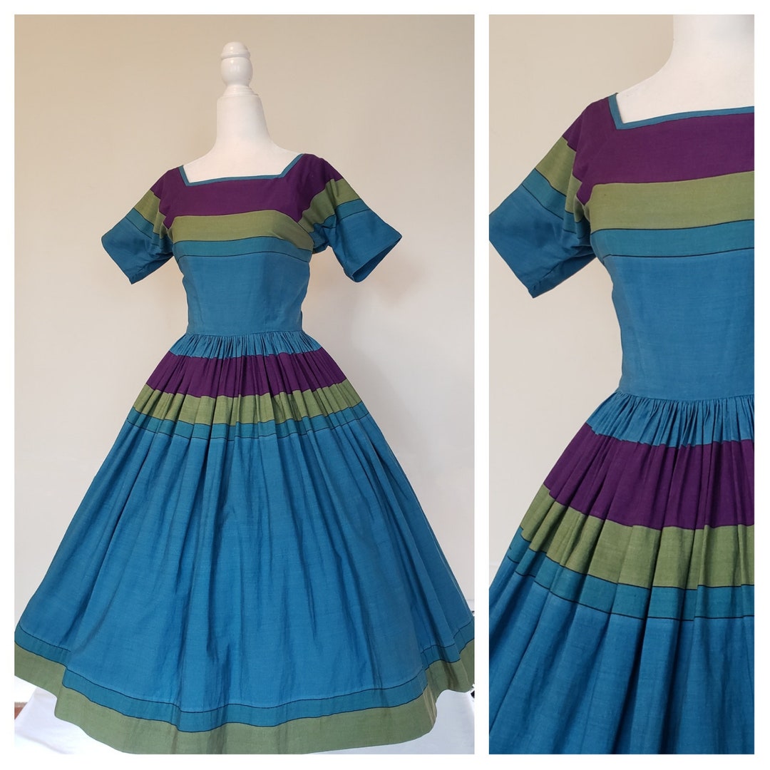 Vintage 1950s Dress, 1950s Sundress Dress, 50s Color Block Day Dress ...