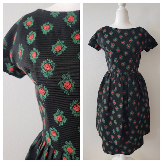 Vintage 1950s floral Dress, 1950s Rose pattern Dress… - Gem