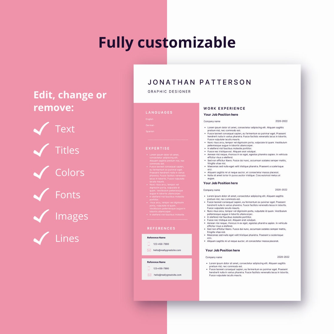 Pink Professional Resume Template for Canva, CV & Cover Letter - Etsy