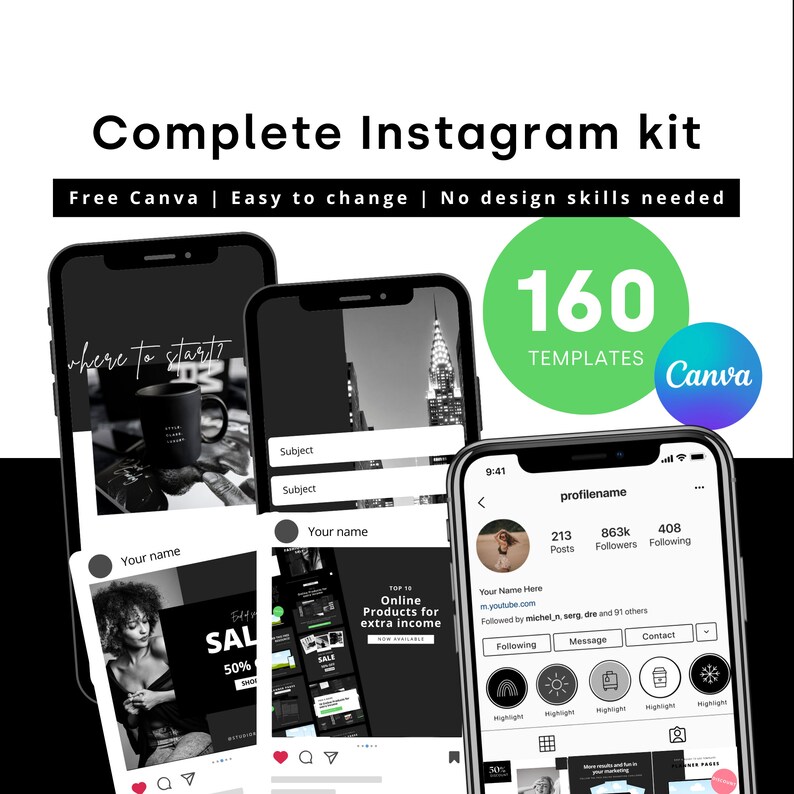 Black White Instagram Template Kit | Social Media Templates | Canva ...