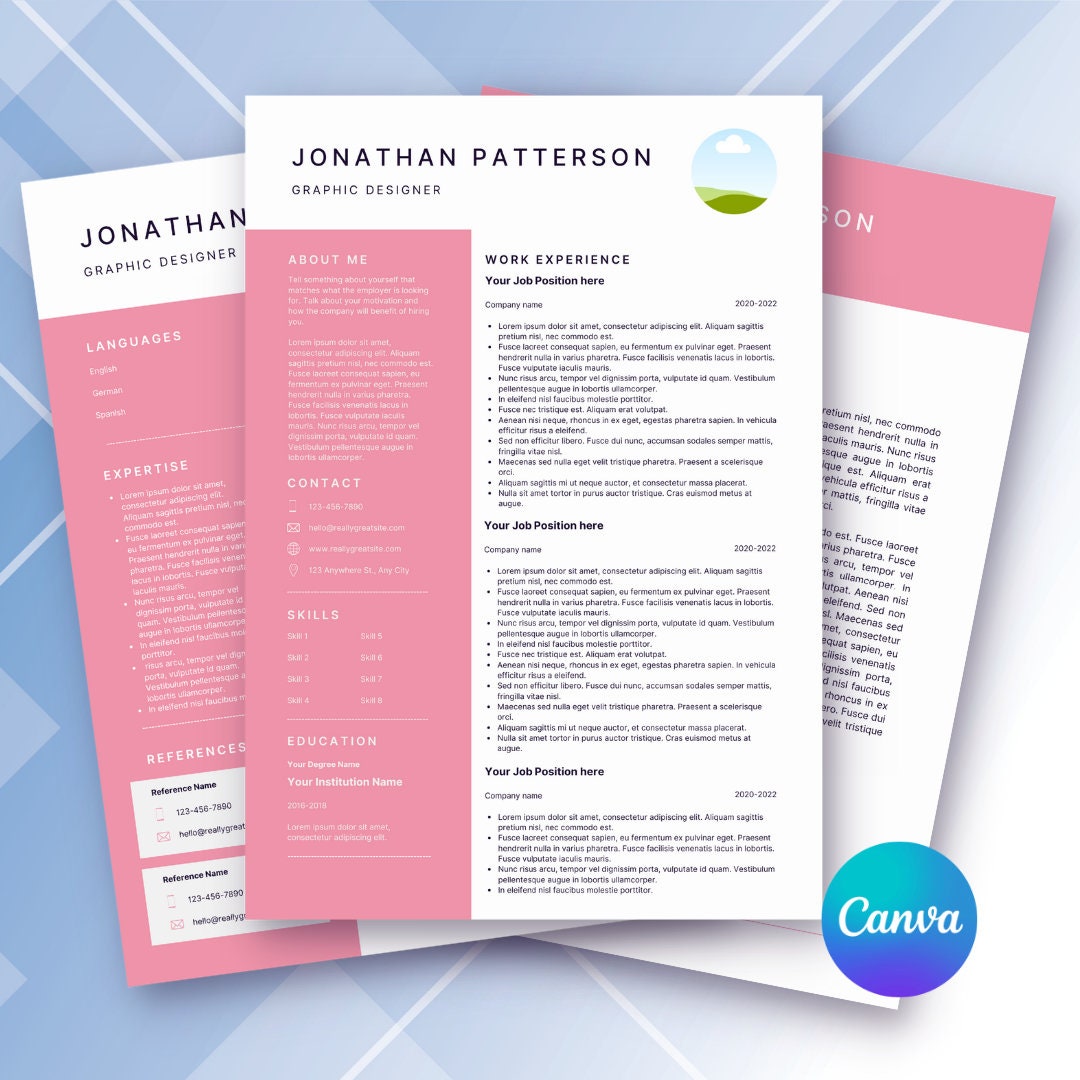 Pink Professional Resume Template for Canva, CV & Cover Letter - Etsy