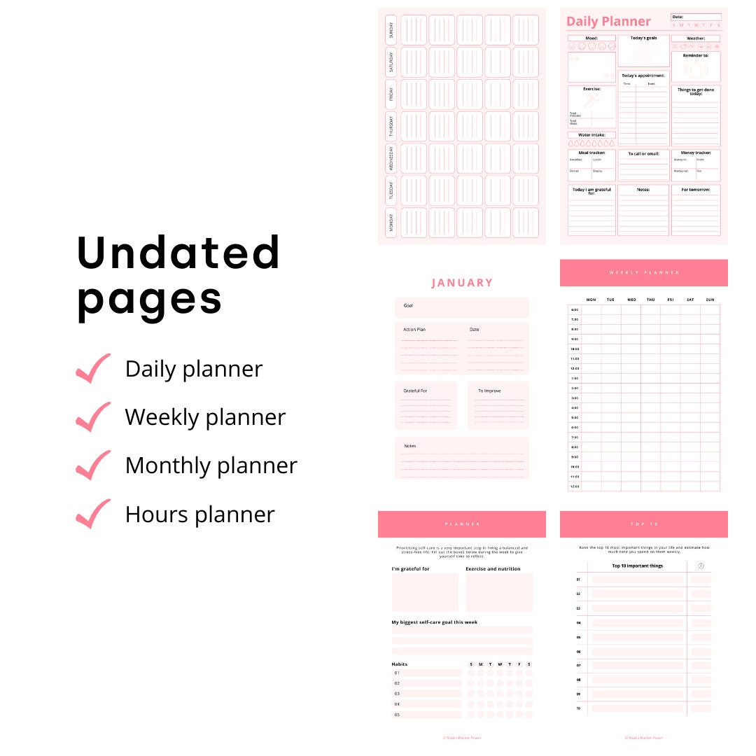 Undated Pink Planner & 2024 Pink Planner Template | 70+ Pages Digital ...