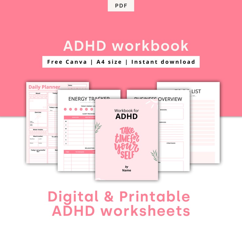 ADHD Workbook Template Canva | Pink ADHD Worksheets for Coaching ...