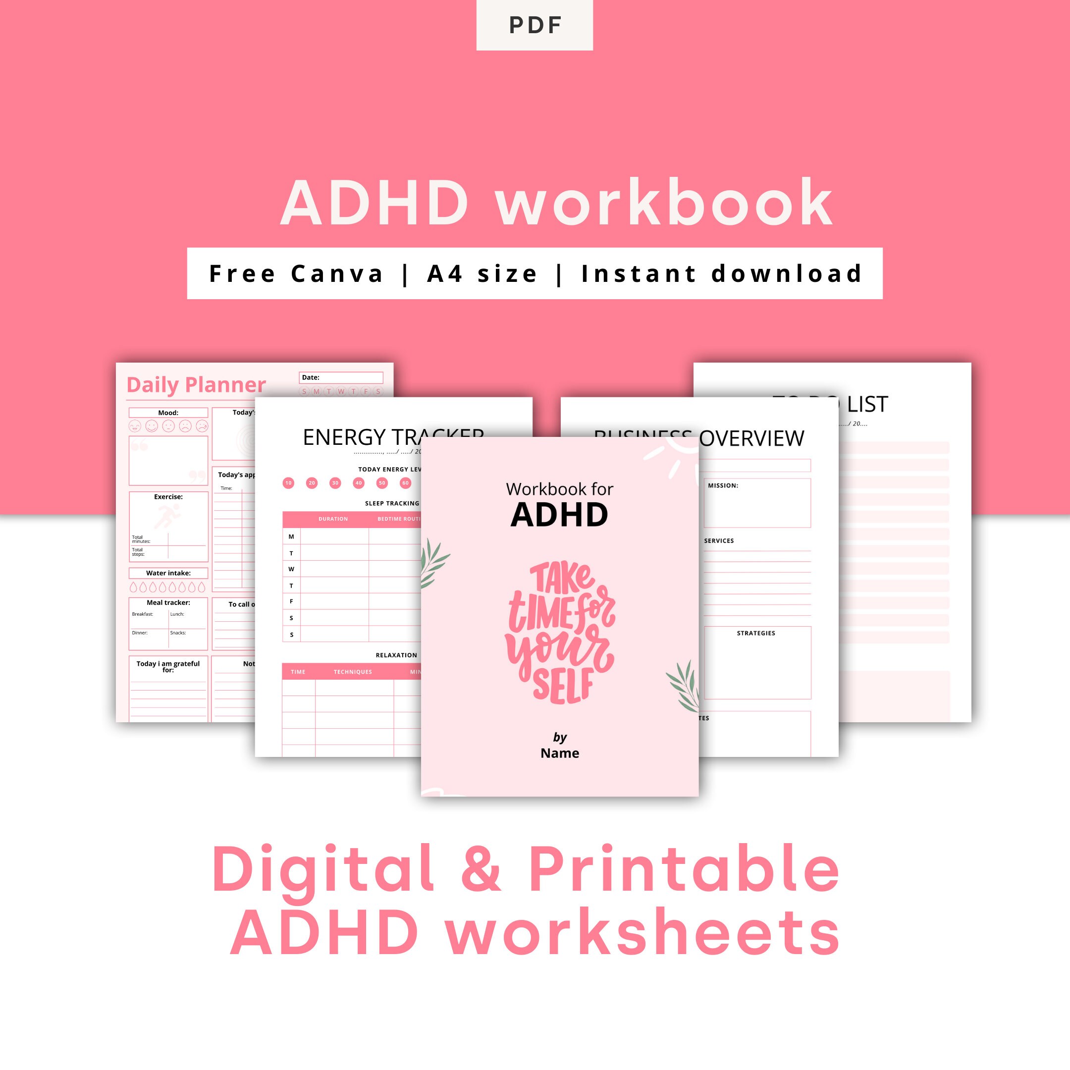 ADHD Workbook Template Canva | Pink ADHD Worksheets for Coaching ...