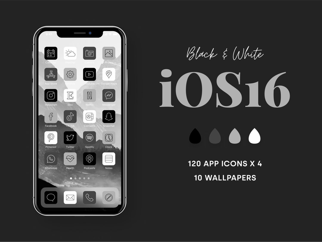 Ios 16 App Icons Pack Black White Theme | 120 White, Gray and Black ...