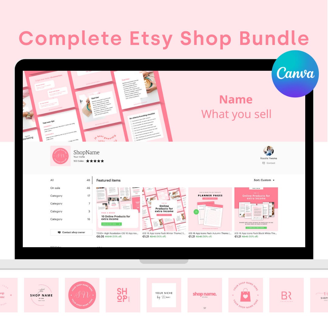 Complete Pink Etsy Shop Kit | Canva Templates | Etsy Shop Banner, Etsy ...