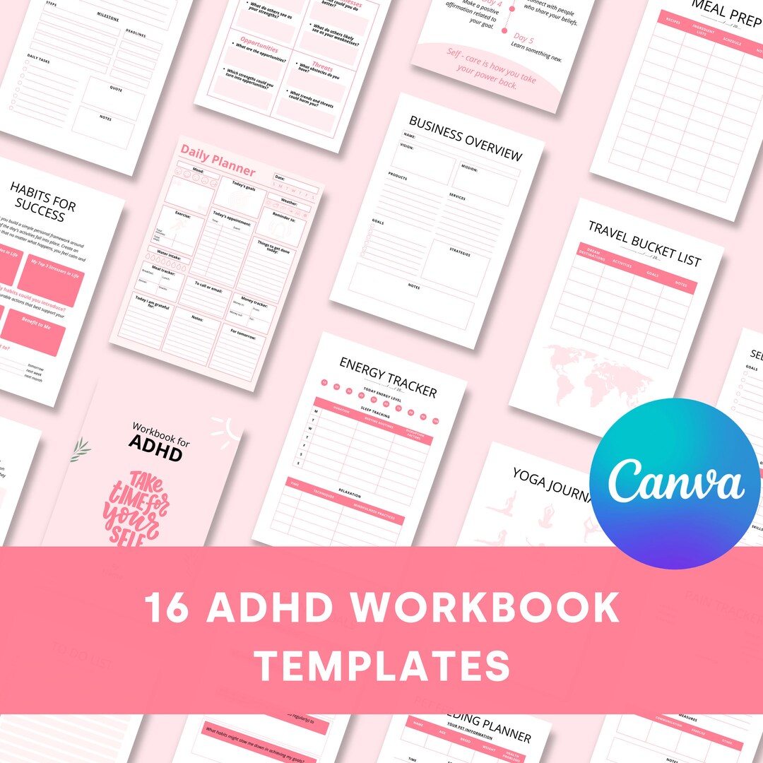 ADHD Workbook Template Canva | Pink ADHD Worksheets for Coaching ...