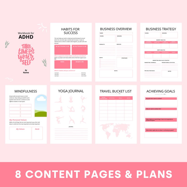 ADHD Workbook Template Canva | Pink ADHD Worksheets for Coaching ...