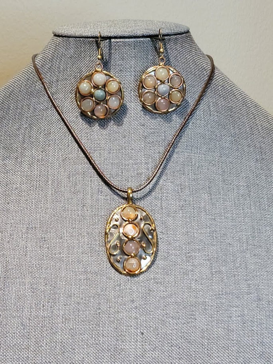 Multi-color Stone Pendant Necklace Set W/earrings - Etsy