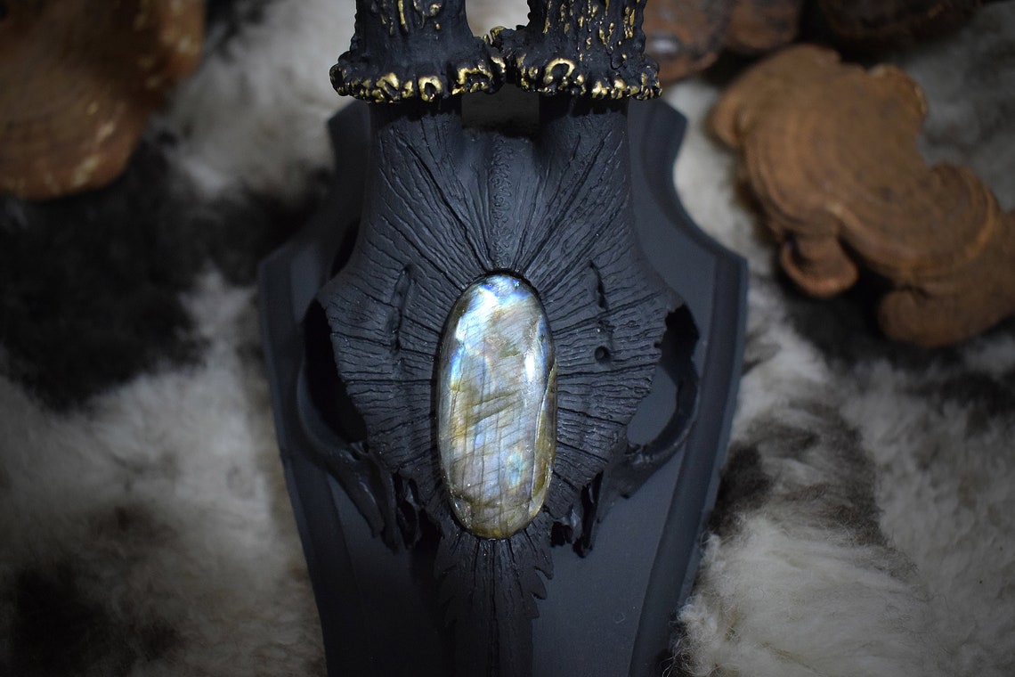 Carved Roe Deer Skull on Wooden Shield With Big Labradorite | Etsy