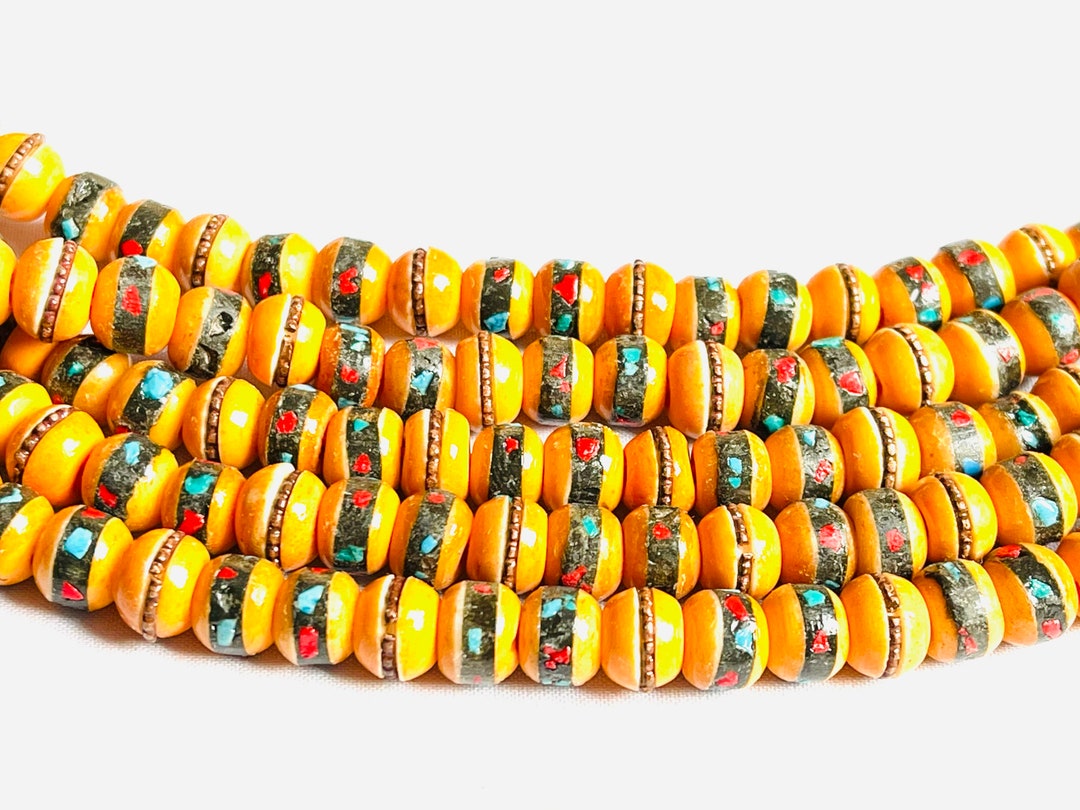 108 Orange Bone Inlaid Mala Necklace / DIY Crafts / Handmade Nepal ...