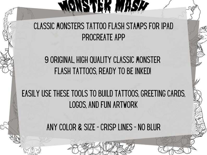 Classic Monsters Tattoo Flash Procreate Stamp Pack Bundle - Brushes for ...