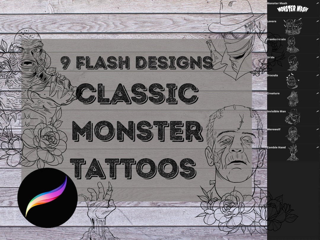 Classic Monsters Tattoo Flash Procreate Stamp Pack Bundle - Brushes for ...